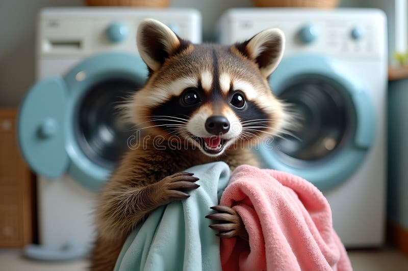 Happy Raccoon Holding Laundry in Laundry Room Stock Illustration ...