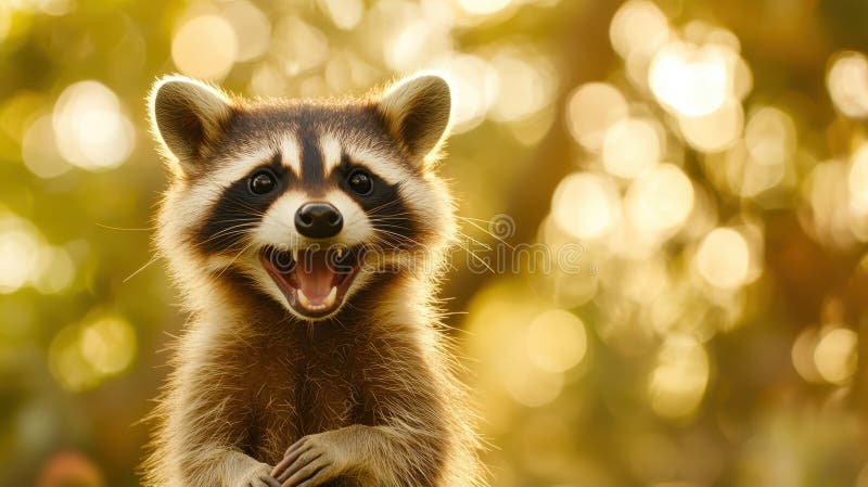 Happy Raccoon Smiling with Blurred Bokeh Lights in Background Stock ...
