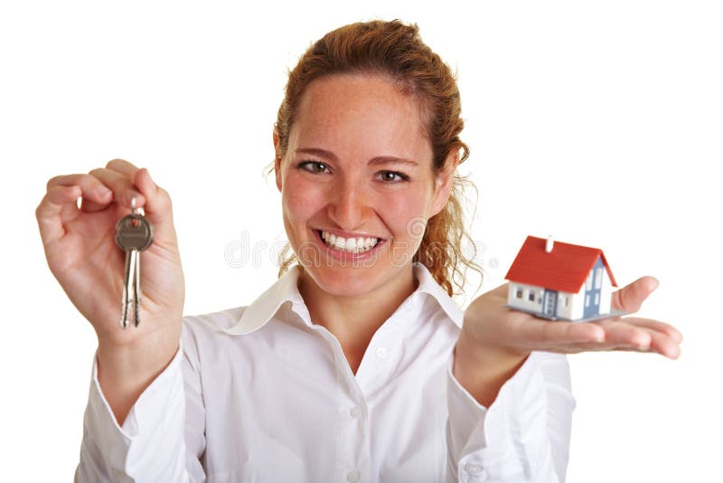 Happy Realtor Woman with House Stock Photo - Image of presentation ...