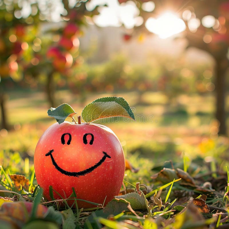 Happy Red Apple in Orchard at Sunset Stock Illustration - Illustration ...