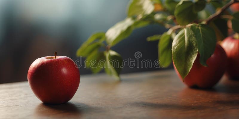 Happy Red Apple Smiling with Green Leaf on Table. Stock Illustration ...