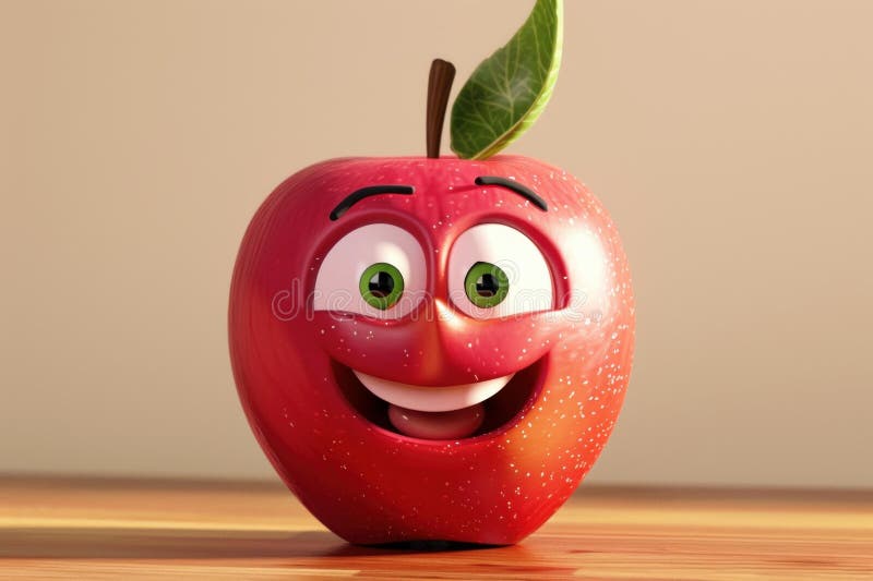 Happy Red Apple is Smiling on a Wooden Table Stock Illustration ...