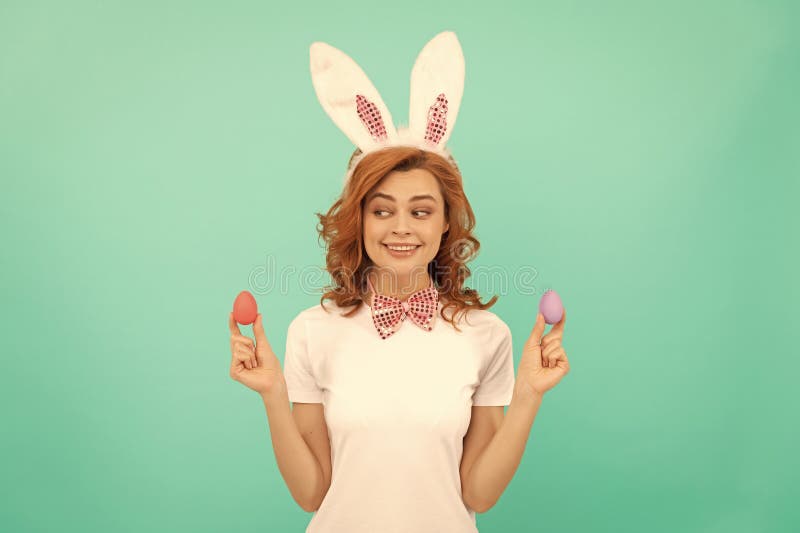 Happy Redhead Girl in Bunny Rabbit Ears with Painted Eggs, Easter Stock ...