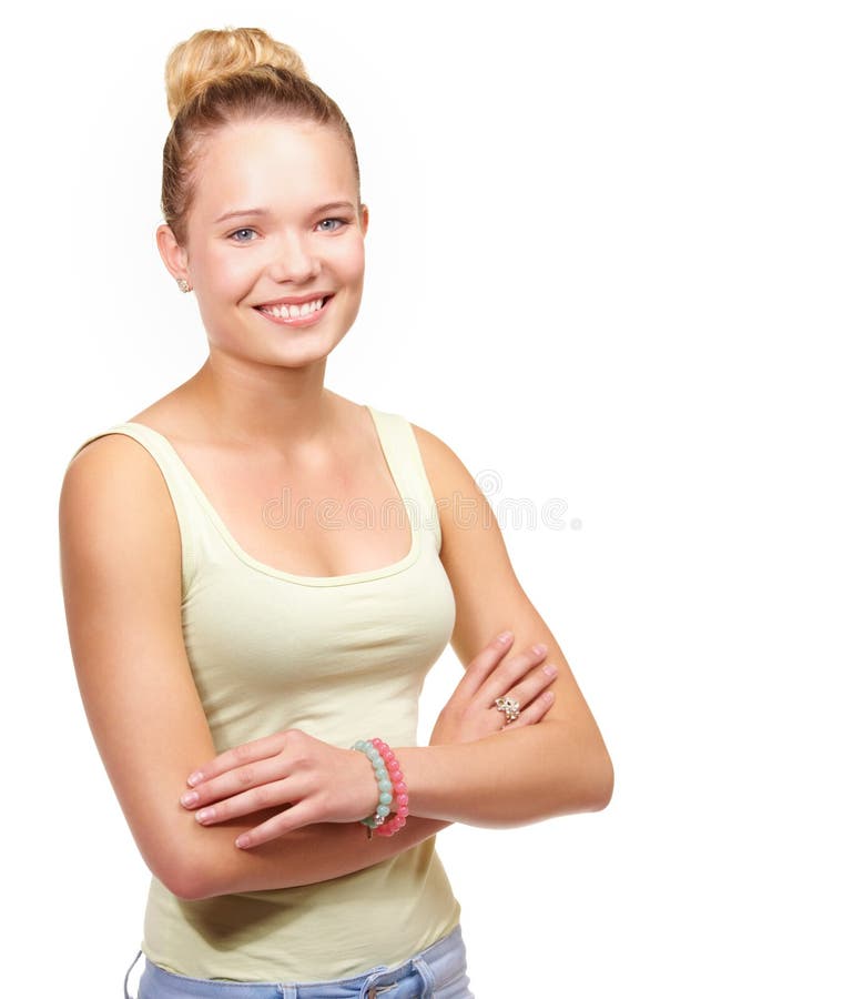 Happy and Refreshed. Portrait of a Smiling Teenage Girl Standing with ... Happy and Refreshed. Portrait of a Smiling Teenage Girl Standing with ...