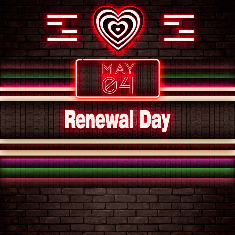 04 May, Renewal Day, Neon Text Effect on Bricks Background Stock ...