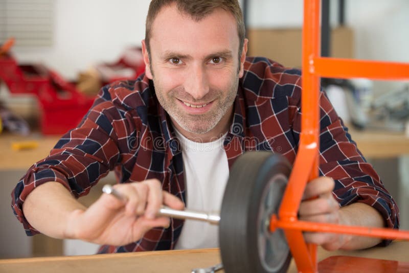 Happy Repairman with Trolley Isolated on White Stock Image - Image of ...