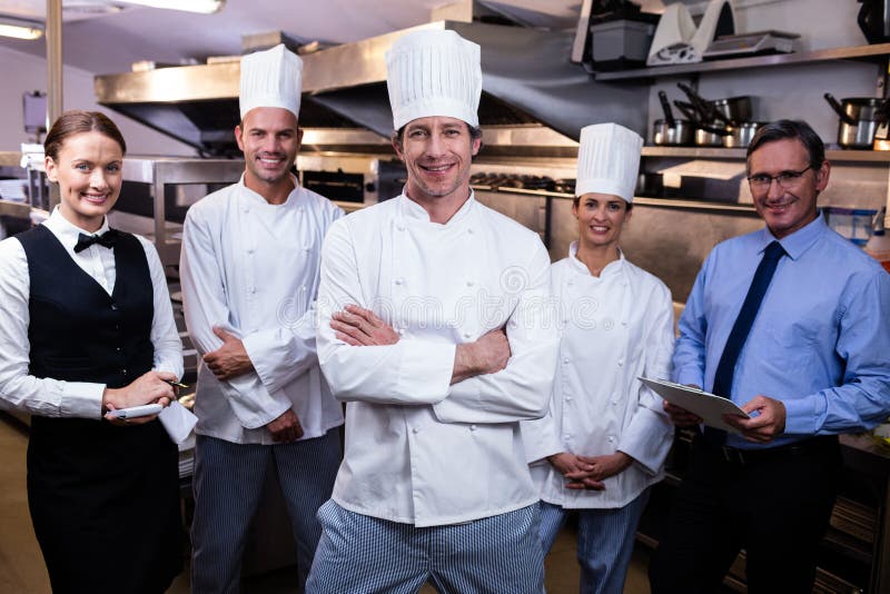 Happy Restaurant Team Standing Together in Commercial Kitchen Stock ...