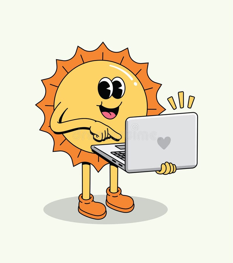Happy Retro Sun Groovy Character Pointing at Laptop Stock Vector ...
