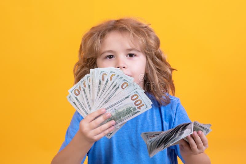 Happy Rich Kid Boy with Money Dollars Cash. Stock Photo - Image of ...