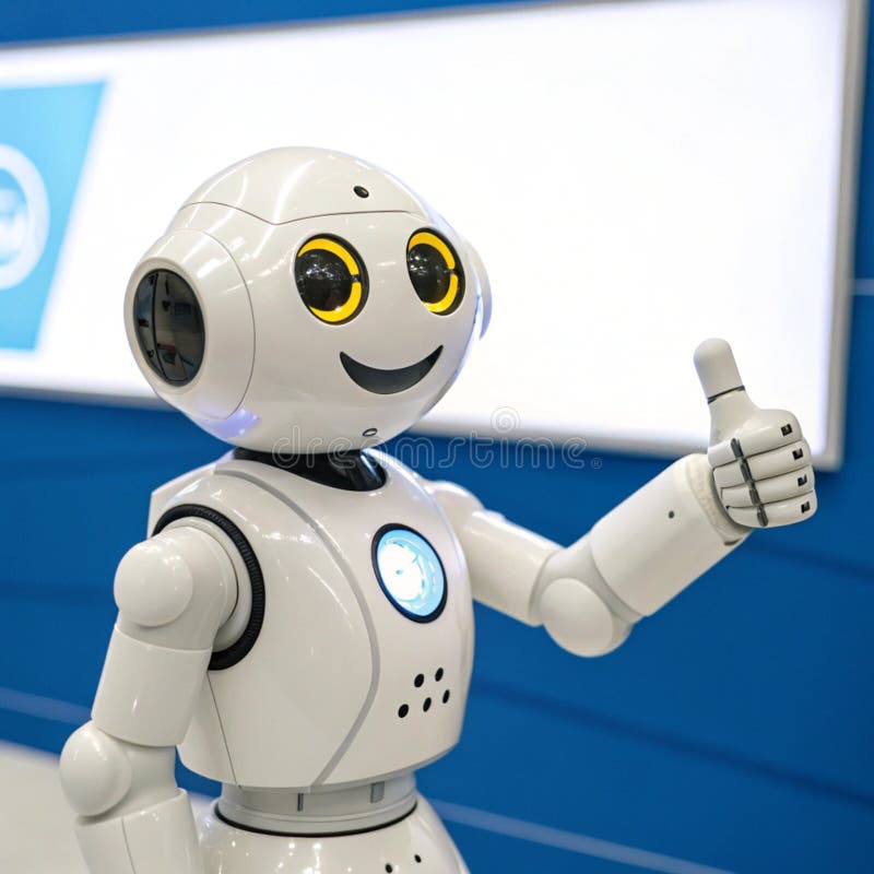 Happy Robot Showing Thumbs Up Isolated on Blue Background Stock ...