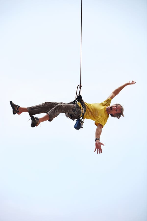 Happy Rock Climber Hanging on Rope Stock Image - Image of climber, rock ...