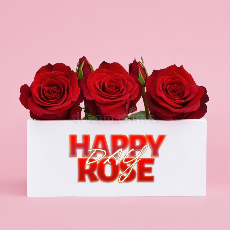 Happy Rose Day Post with Three Red Roses in a White Box on Pink Stock ...