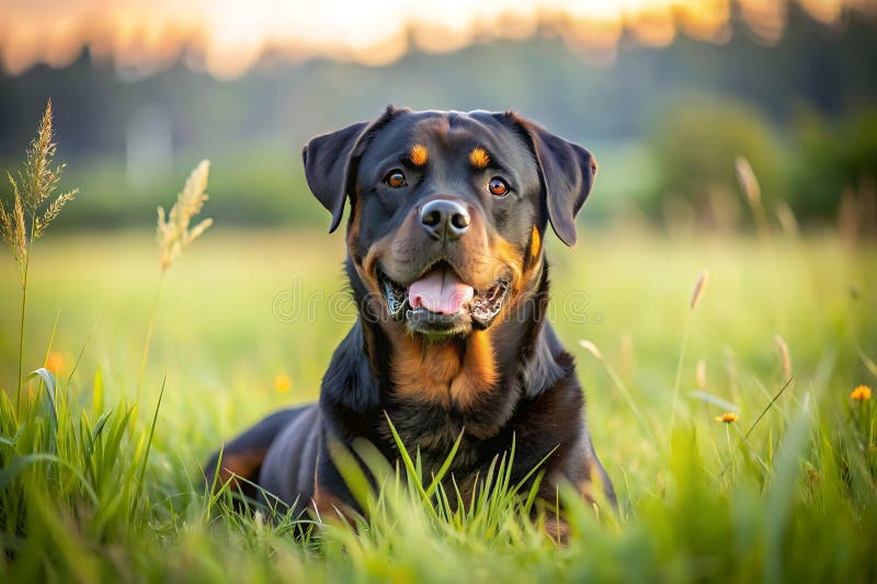 Happy Rottweiler Dog in Green Grass Field at Sunset Stock Illustration ...