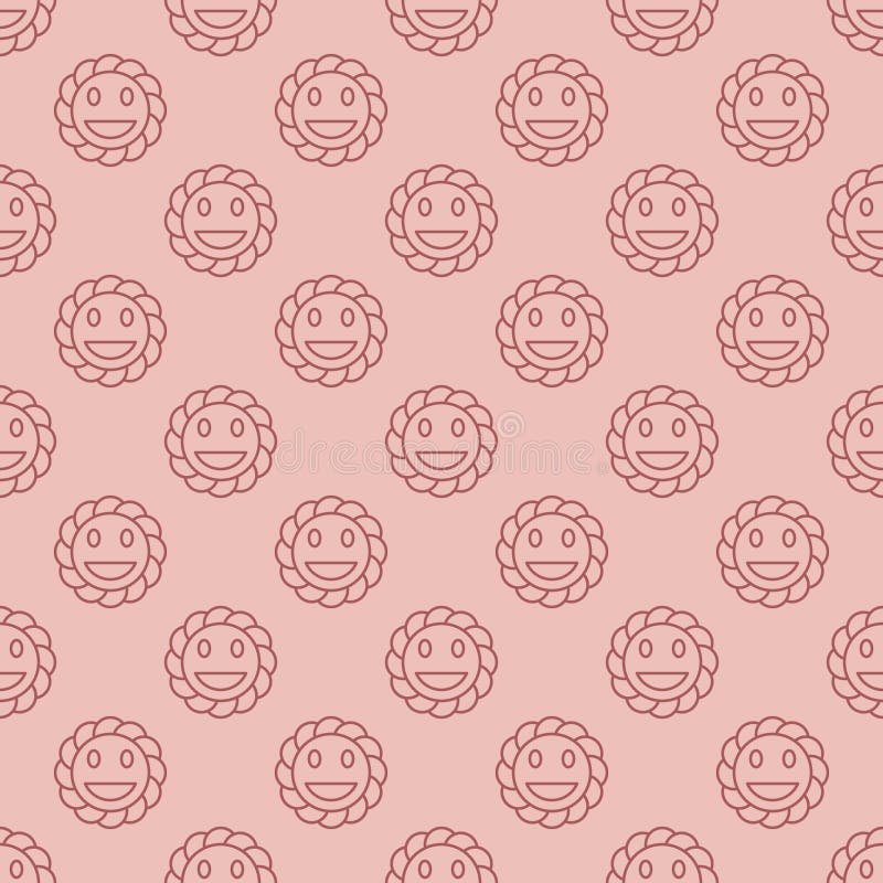 Happy Round Smiling Flower Vector Outline Seamless Pattern in Groovy ...