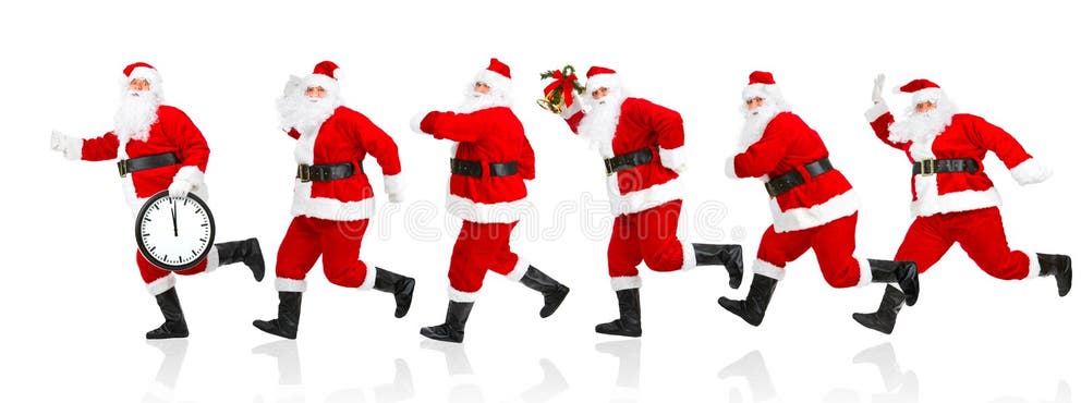 Happy Running Christmas Santas Stock Photo - Image of santa, clock: 6967526