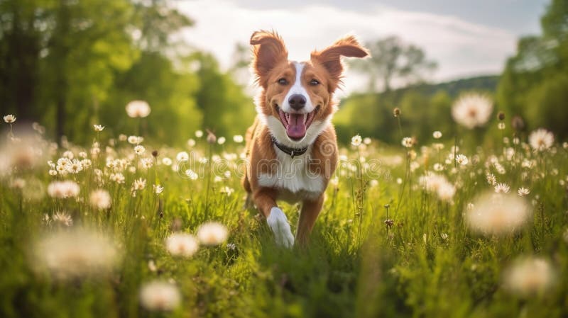 Happy Running Dog in the Grass Meadow. Generative Ai Stock Illustration ...