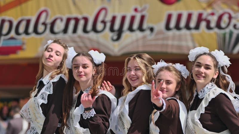 Happy Russian Female Graduates Pose on Their Graduation Day. Stock ...