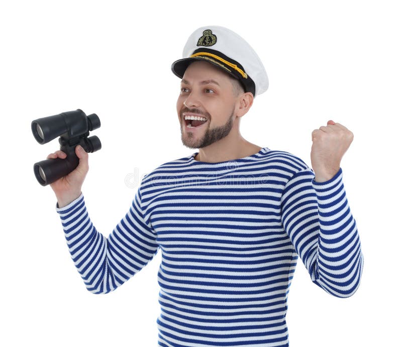 Happy Sailor Man with Binoculars on White Background Stock Image ...