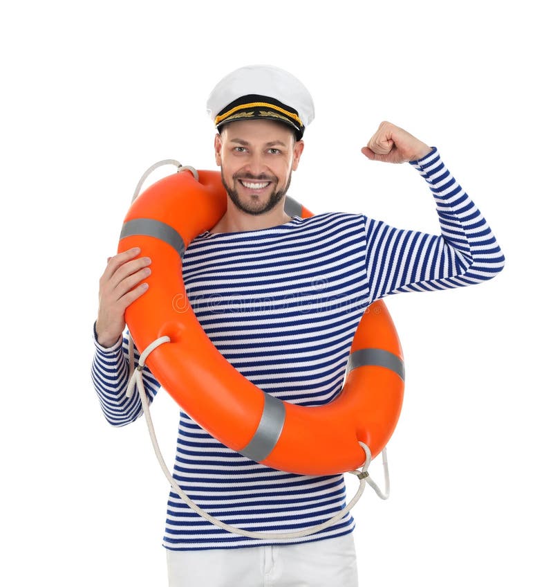 Happy Sailor with Ring Buoy on Light Grey Background Stock Image ...