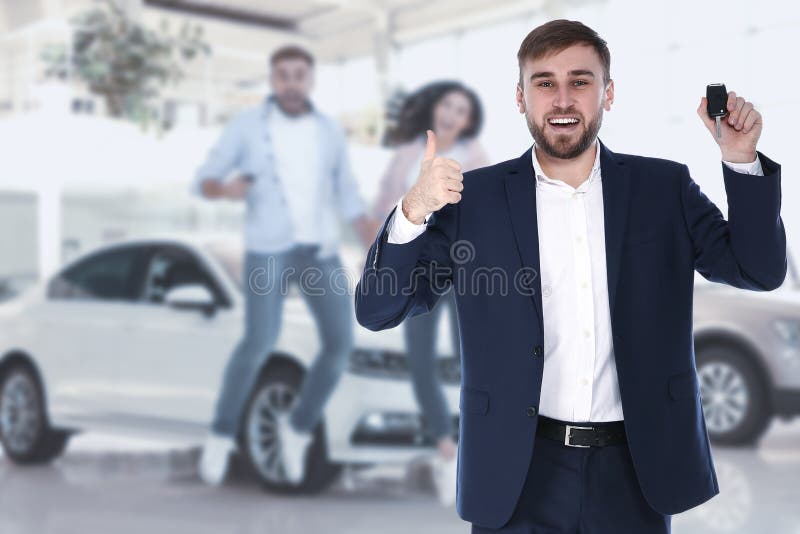Happy Salesman and His Clients in Store Stock Image - Image of female ...