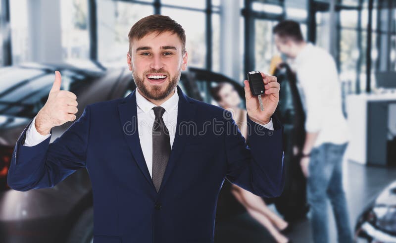 Happy Salesman and His Clients in Store Stock Image - Image of female ...