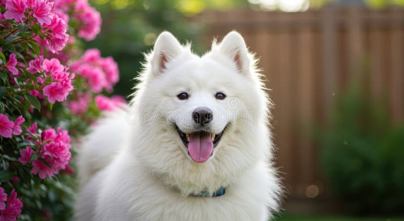 Happy Samoyed Dog in a Garden with Pink Roses Stock Illustration ...