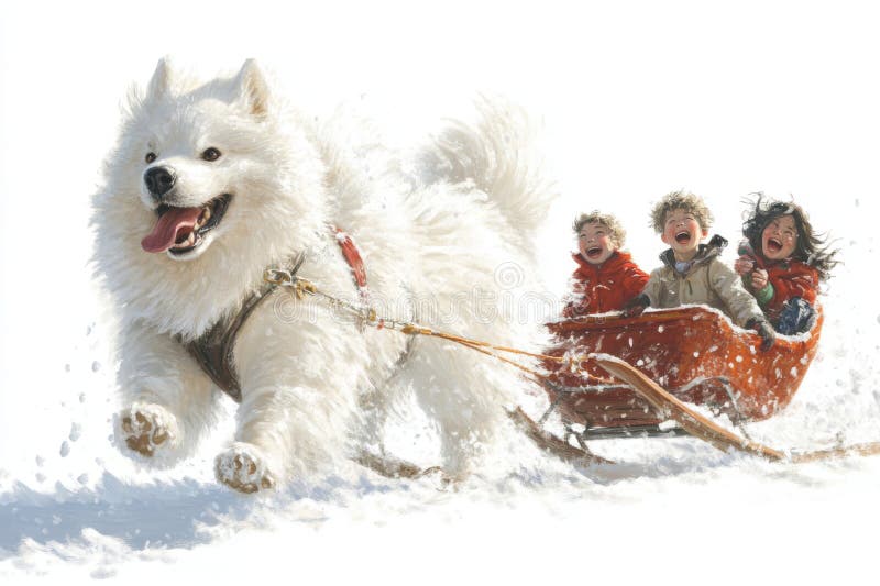 Samoyed Dog Pulls Sled in Snowy Fun Scene Stock Illustration ...