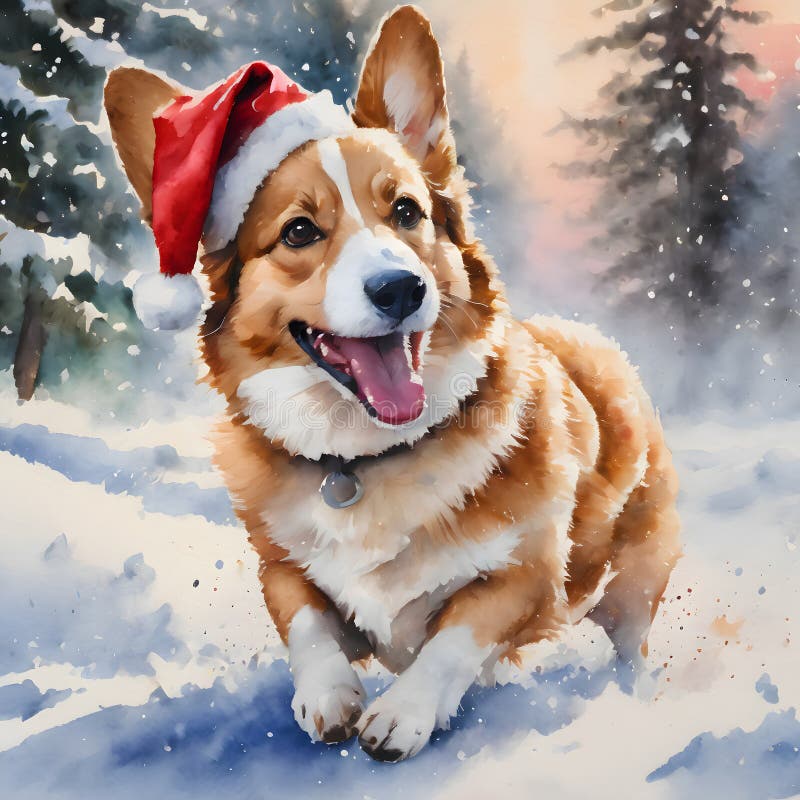 Happy Santa Corgi Playing in the Snow. AI Generative Stock Illustration ...
