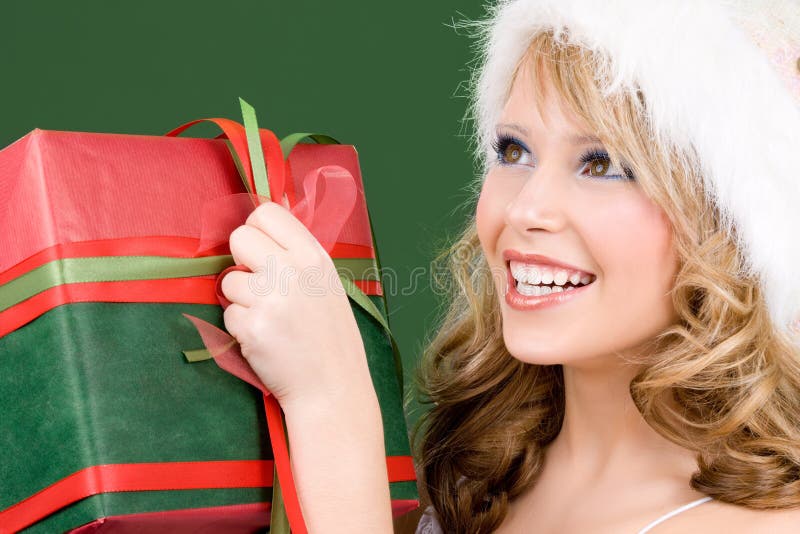 Happy Santa Helper with Gift Box Stock Image - Image of lady, holding ...