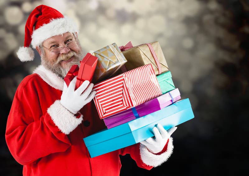 Happy Santa Holding Stack of Gifts Boxes Stock Image - Image of ...