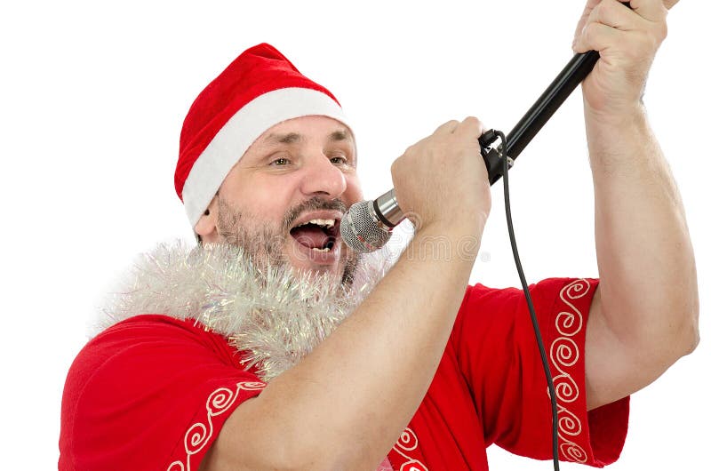 Cheerful Santa Singing with Microphone Stock Photo - Image of songs ...