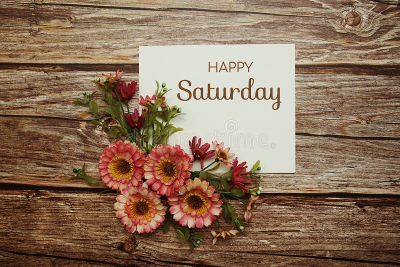 Happy Saturday Typography Text with Flowers on Wooden Background Stock ...