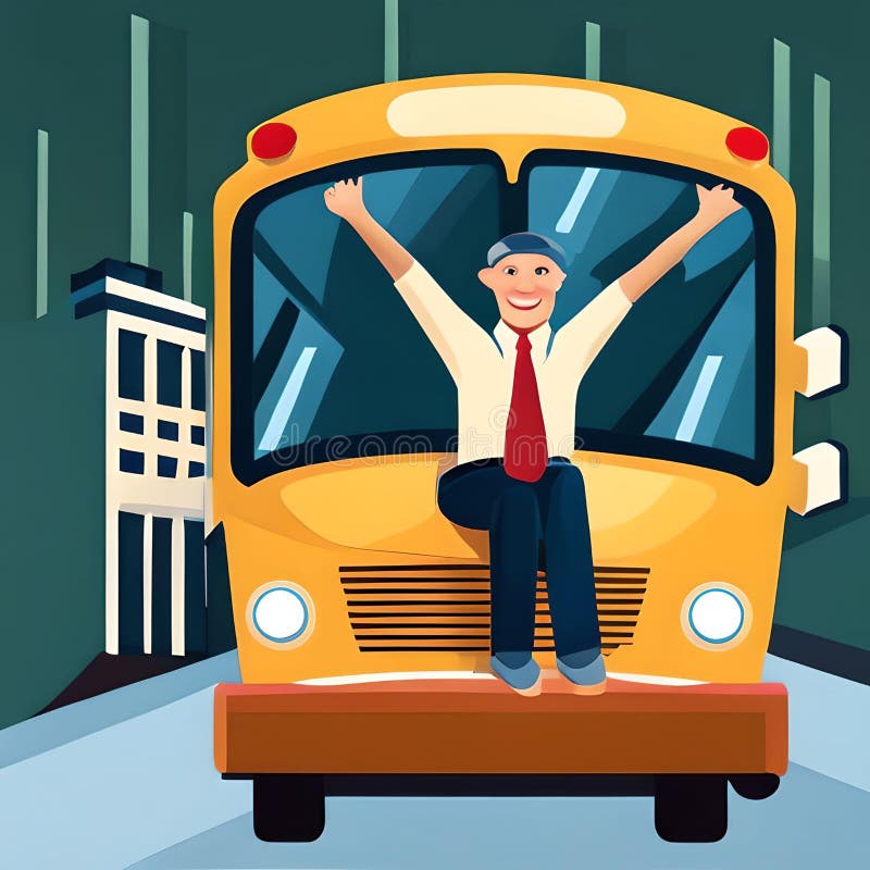 Happy School Bus Driver Sitting on the Front of a Yellow School Bus ...