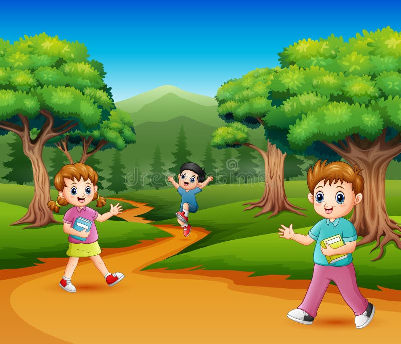 Happy School Children in the Forest Stock Vector - Illustration of ...