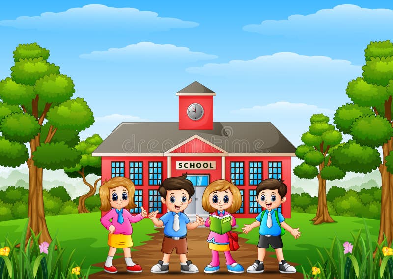 Happy School Children Standing in Front of School Building Stock Vector ...