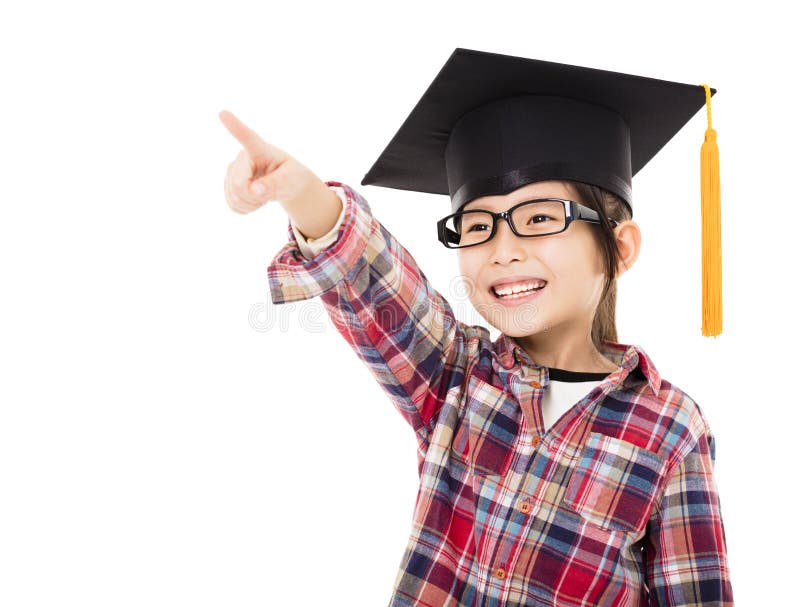 Happy School Kid in Graduation Cap with Pointing Gesture Stock Photo ...