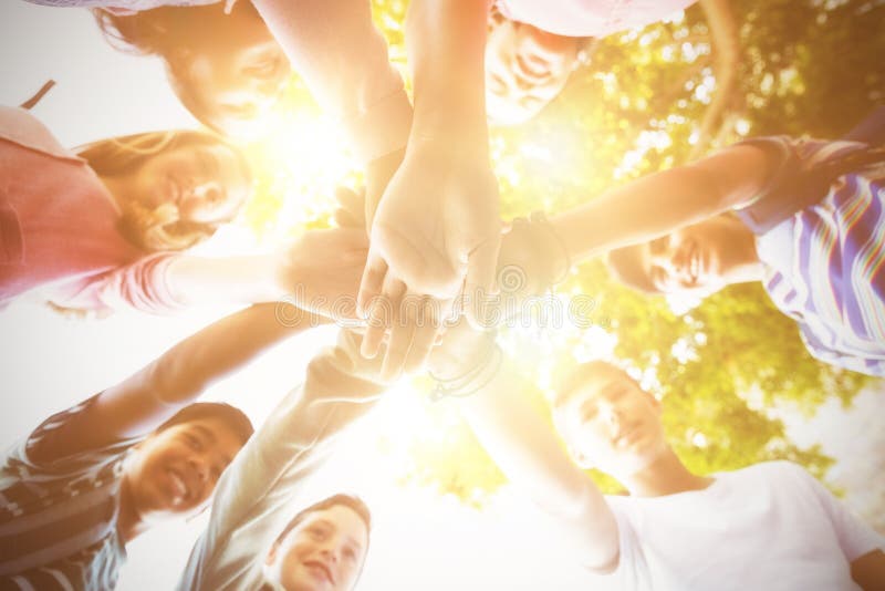 Happy School Kids Forming Hand Stack Stock Photo - Image of closeness ...