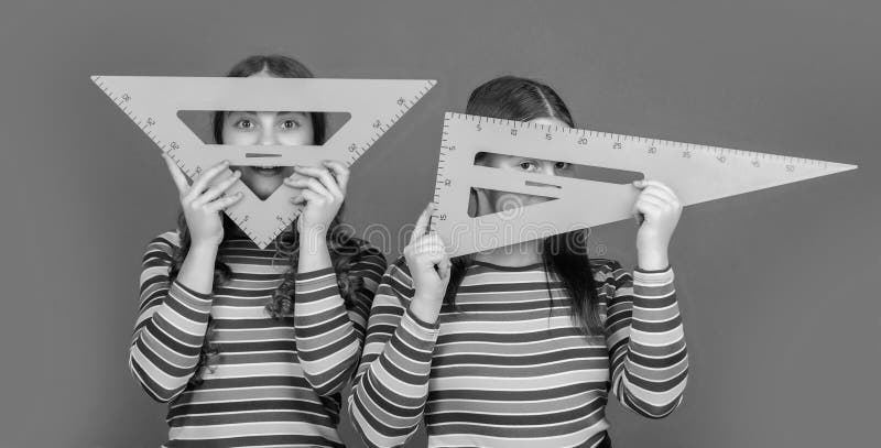 Happy School Students Hold Math Tool of Triangle Stock Image - Image of ...
