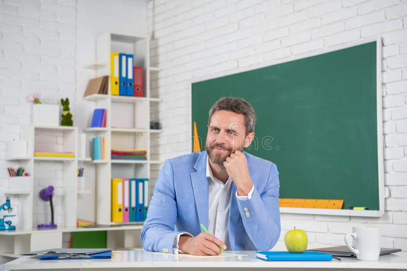 Happy School Tutor in Classroom at Blackboard Stock Image - Image of ...