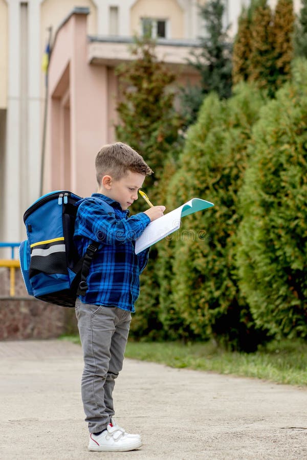 Happy Schoolboy in Casual Clothes with a Backpack, Smiling, Writing ...