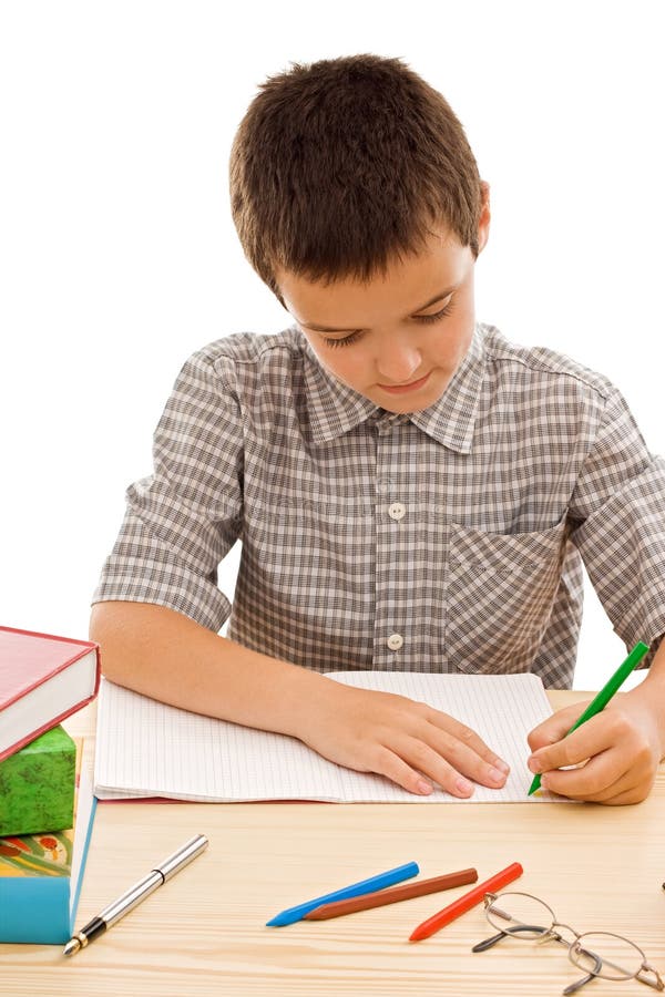 Happy Schoolboy Painting in the Exercise Book Stock Photo - Image of ...