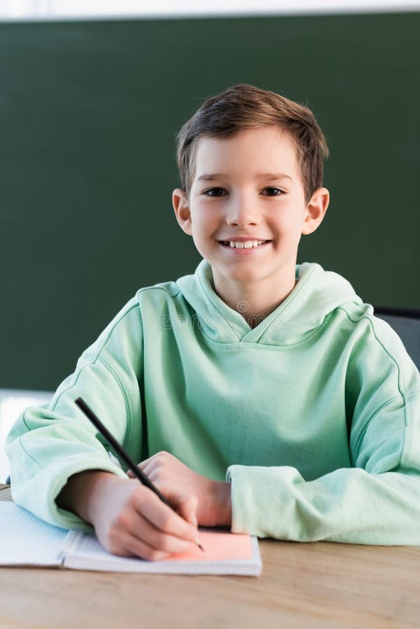 Happy Schoolboy Writing in Notebook and Stock Photo - Image of preteen ...