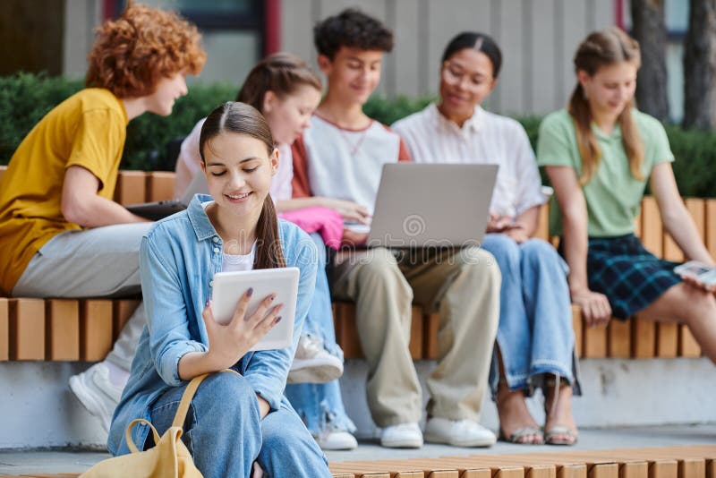 Happy Schoolgirl Using Digital Tablet Near Stock Image - Image of ...