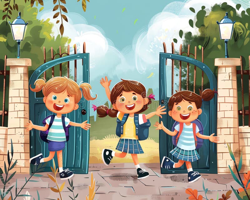 Happy Schoolgirls Leaving School Together after a Day of Learning Stock ... Happy Schoolgirls Leaving School Together after a Day of Learning Stock ...