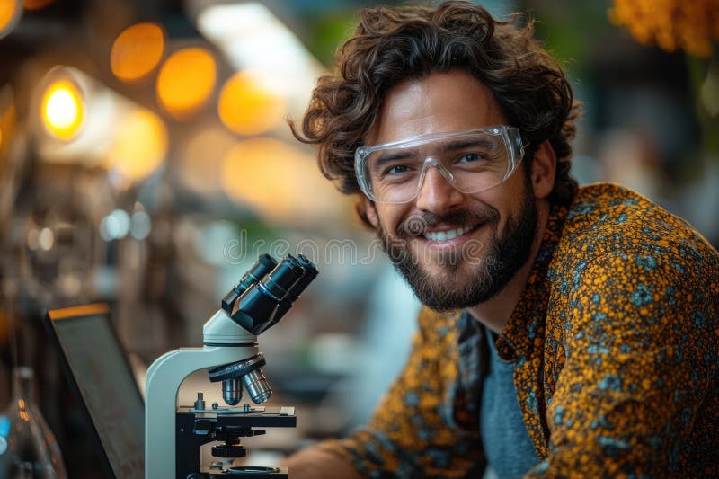 Happy Scientist in Lab with Microscope and Laptop: Chemistry Research ...