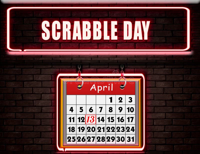 13 April Scrabble Day Neon Text Effect On Bricks Background Stock