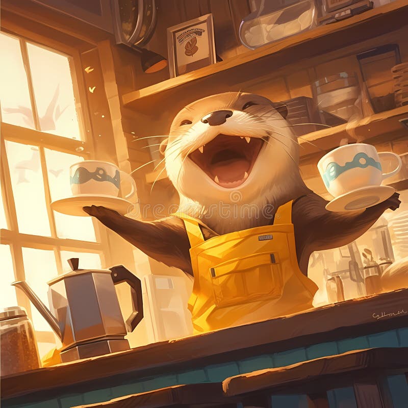Happy Seagull Chef Serving Coffee and Pastries Stock Illustration ...