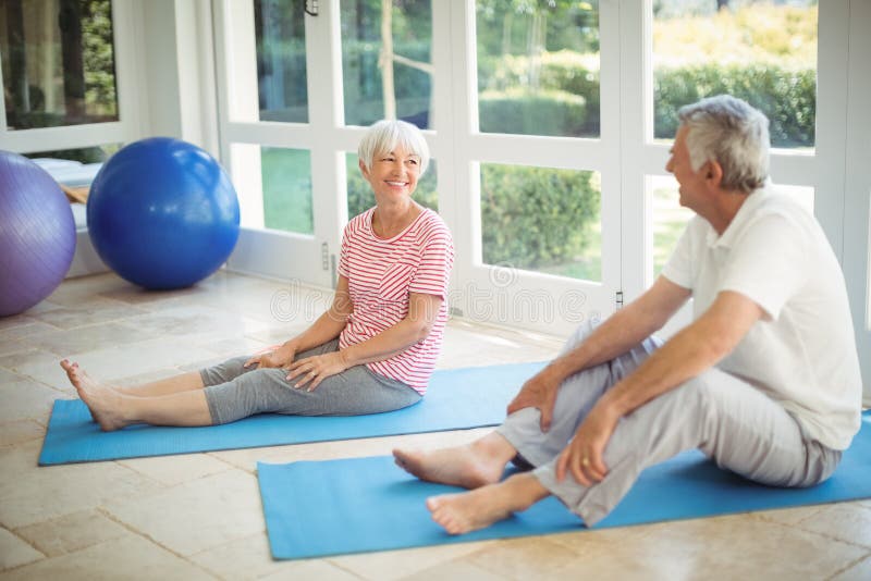 Happy Senior Couple Interacting while Performing Exercise on Exercise ...