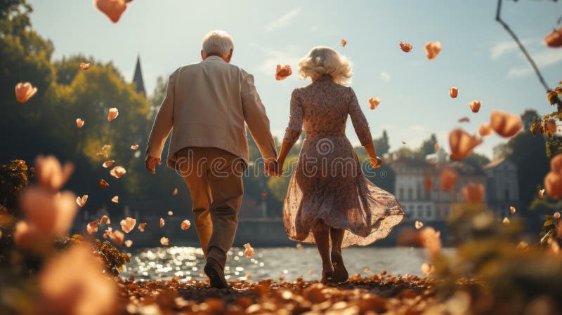 Happy Senior Couple Jumping in Park Back View. Generative AI. Stock ...