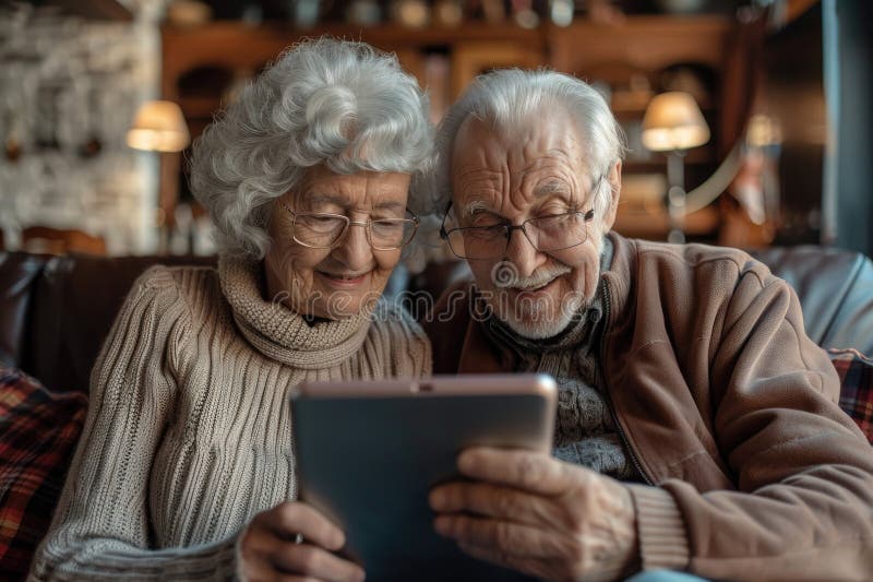 Happy Senior Couple Relaxing on Couch Smiling while Using Tablet in ...
